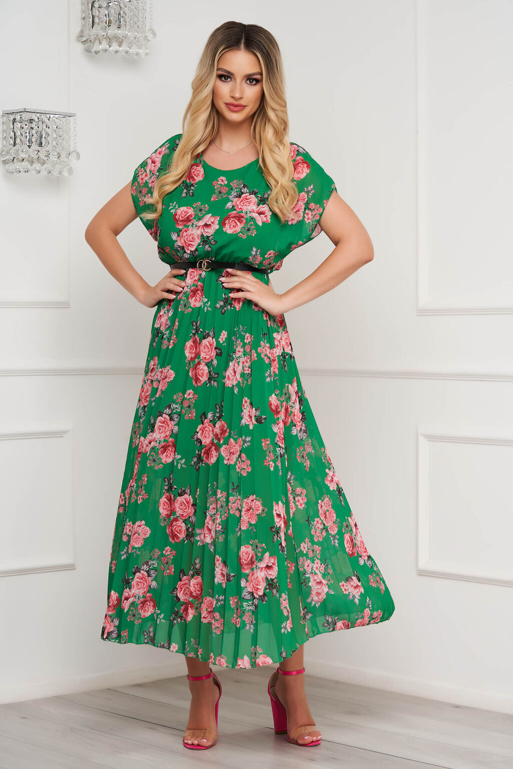 Rochie din voal midi in clos cu elastic in talie si imprimeu floral ...